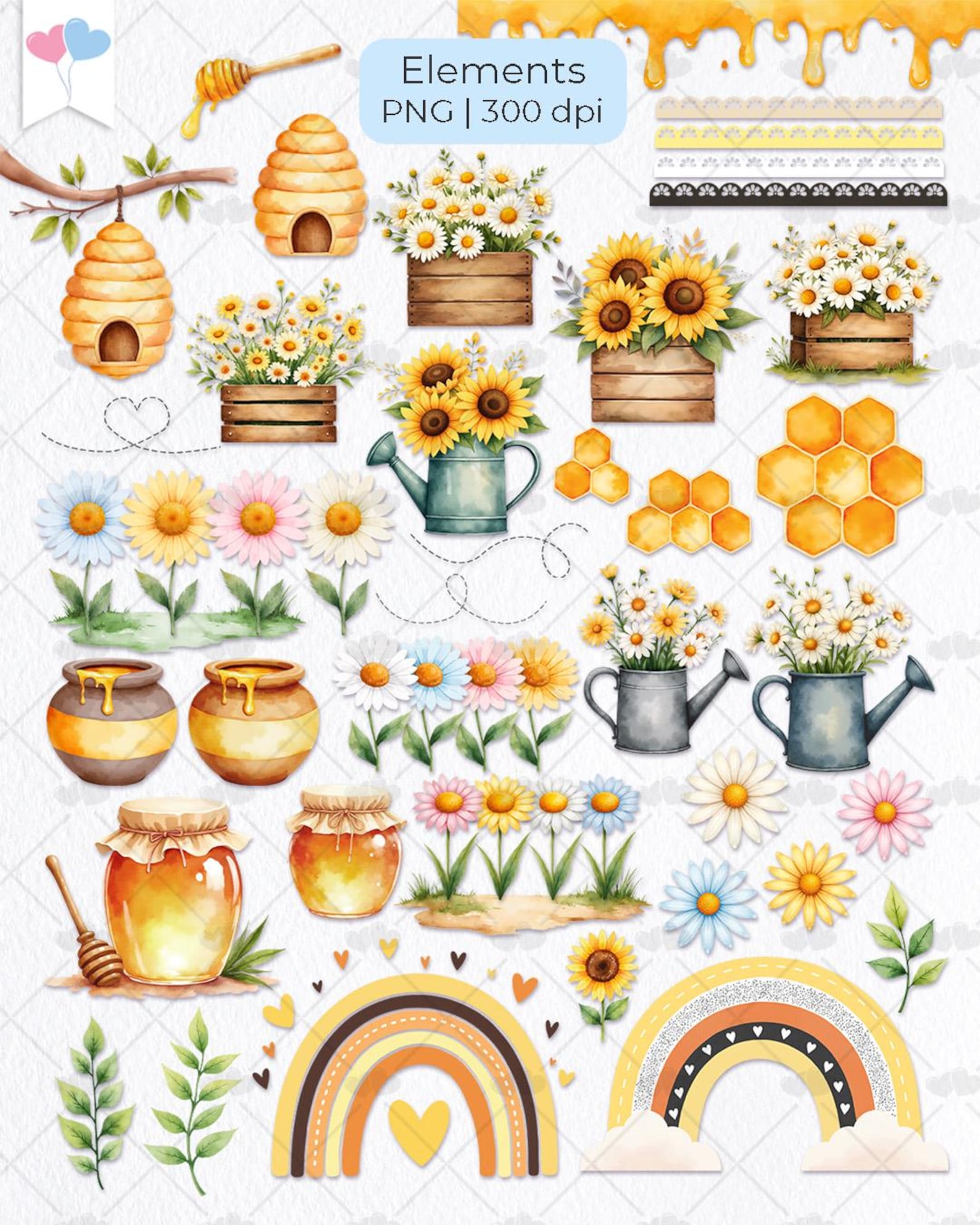 Little bee Clipart Pack, watercolor illustration, party supplies ...