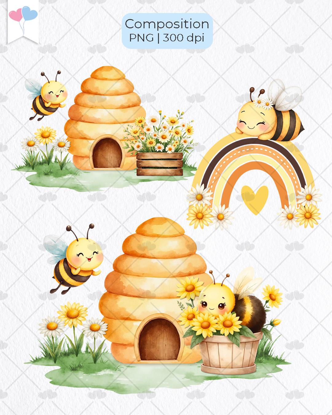 Little bee Clipart Pack, watercolor illustration, party supplies ...