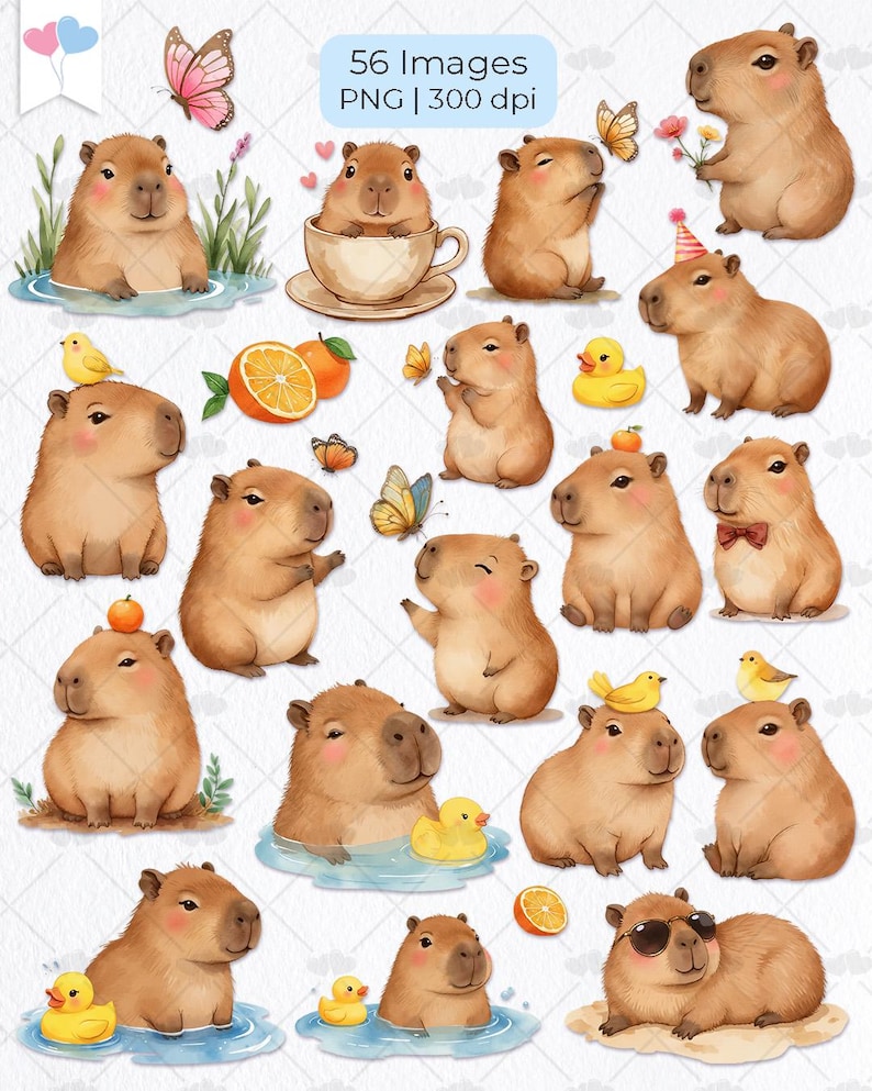 Capybara Clipart Pack, digital watercolor illustration, party supplies ...