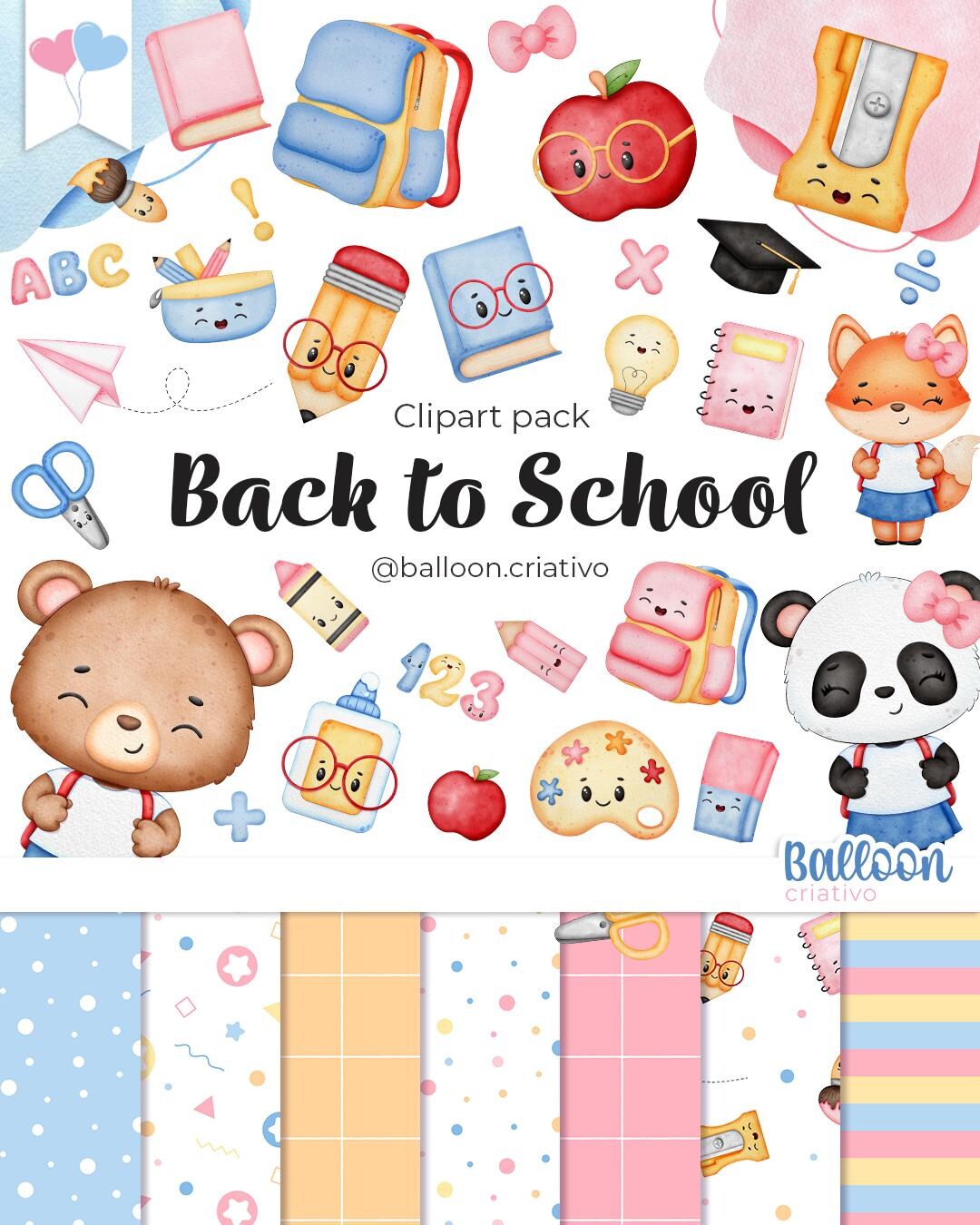 Back to School Clipart Pack, Digital Watercolor Illustration, Party ...