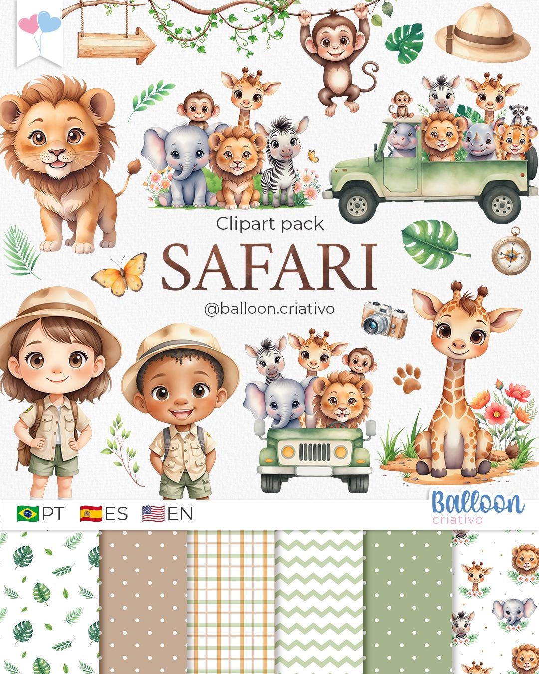 Safari Clipart Pack, Digital Watercolor Illustration, Party Supplies ...