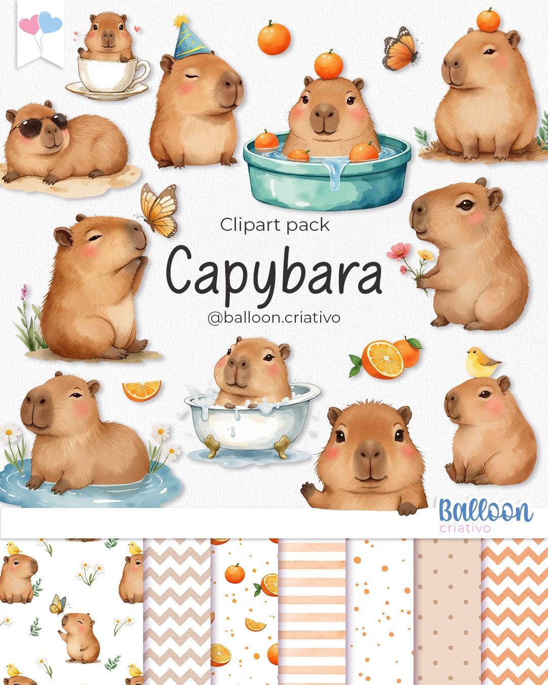 Capybara Clipart Pack, Digital Watercolor Illustration, Party Supplies ...