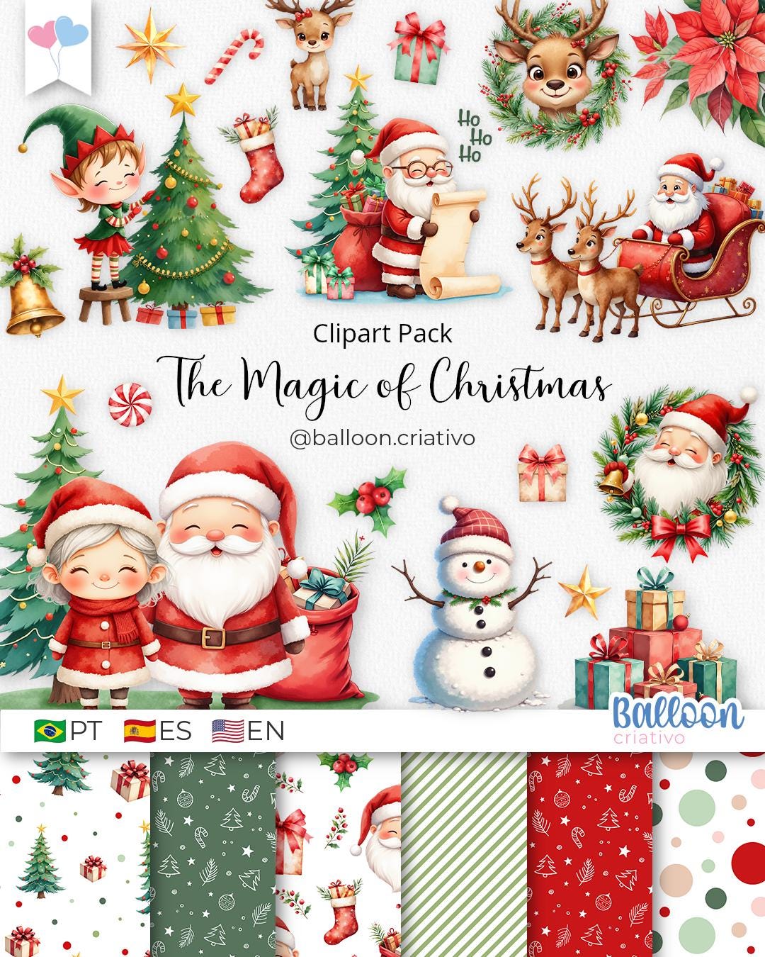 The Magic of Christmas Clipart Pack, Digital Watercolor, Party Supplies ...