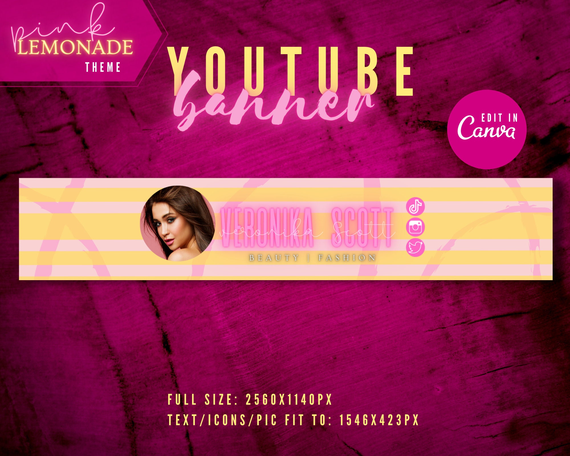 Pink Beauty Branding Kit Youtube Channel Banner Yellow | Etsy
