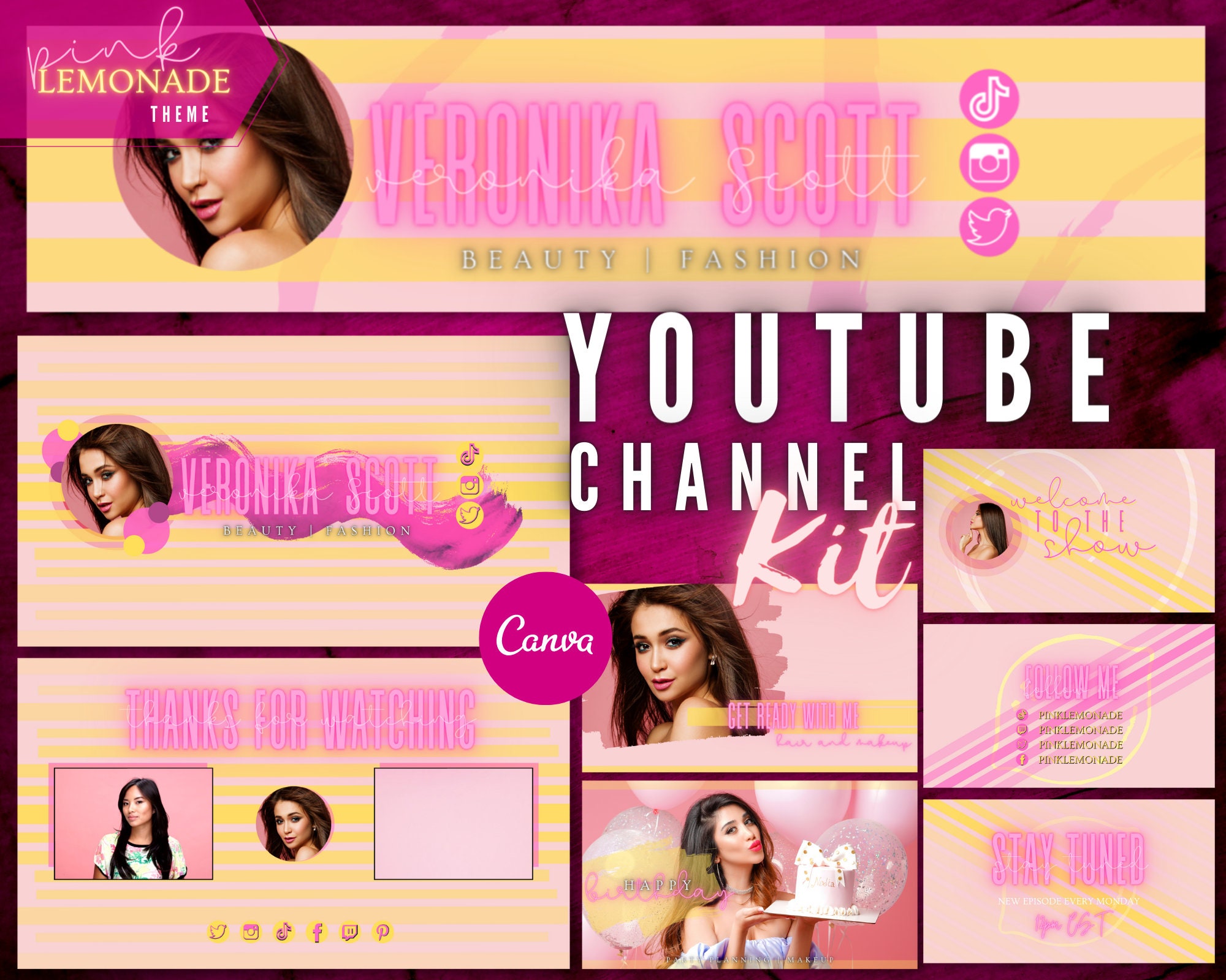 Pink Beauty Branding Kit Youtube Channel Banner Yellow | Etsy