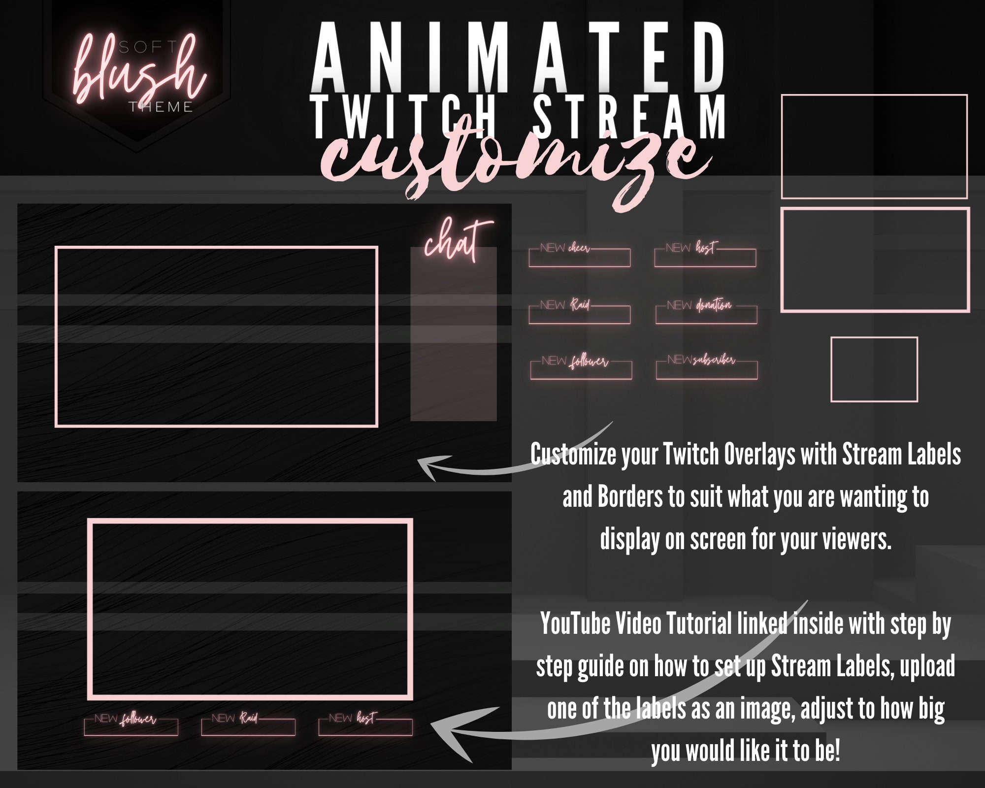 Soft Blush Neon Light Animated Twitch Streaming Package - Labels ...