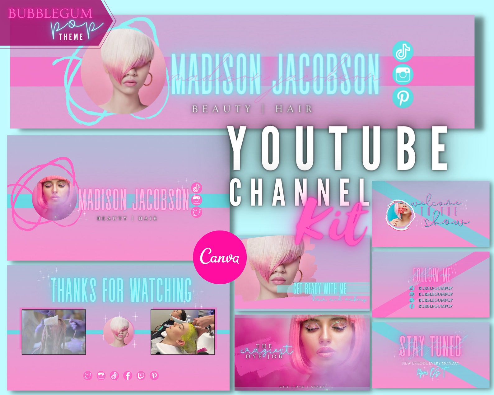 Pink Youtube Channel Kit Banner, Intro, Outro, Thumbnail, End Card Hair ...