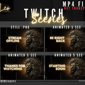 Black Lion Head Animated Twitch Streaming Package - Labels, Panels, Starting Soon, BRB, Offline ...