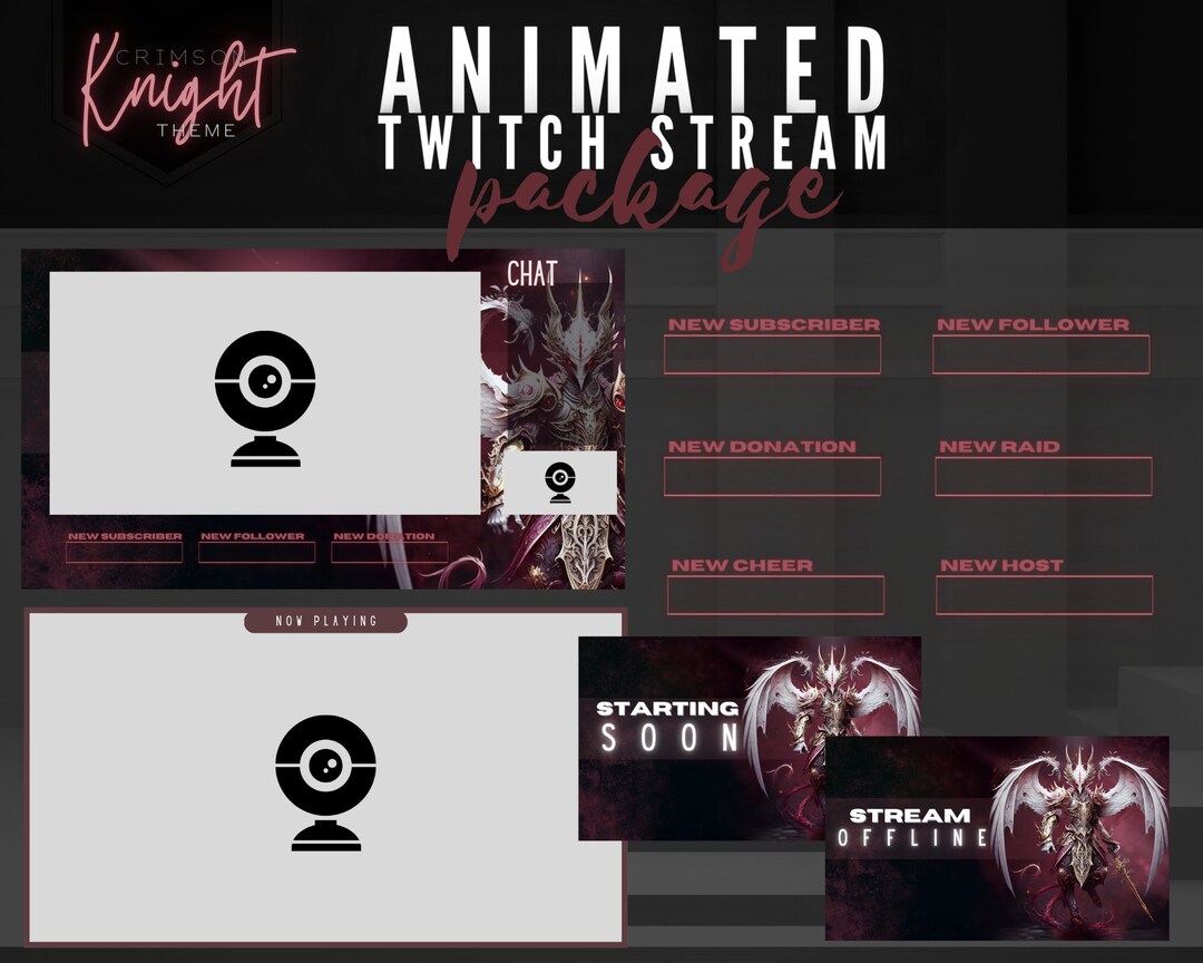 Crimson Knight Animated Twitch Streaming Package - Labels, Panels, Starting Soon, BRB, Offline ...