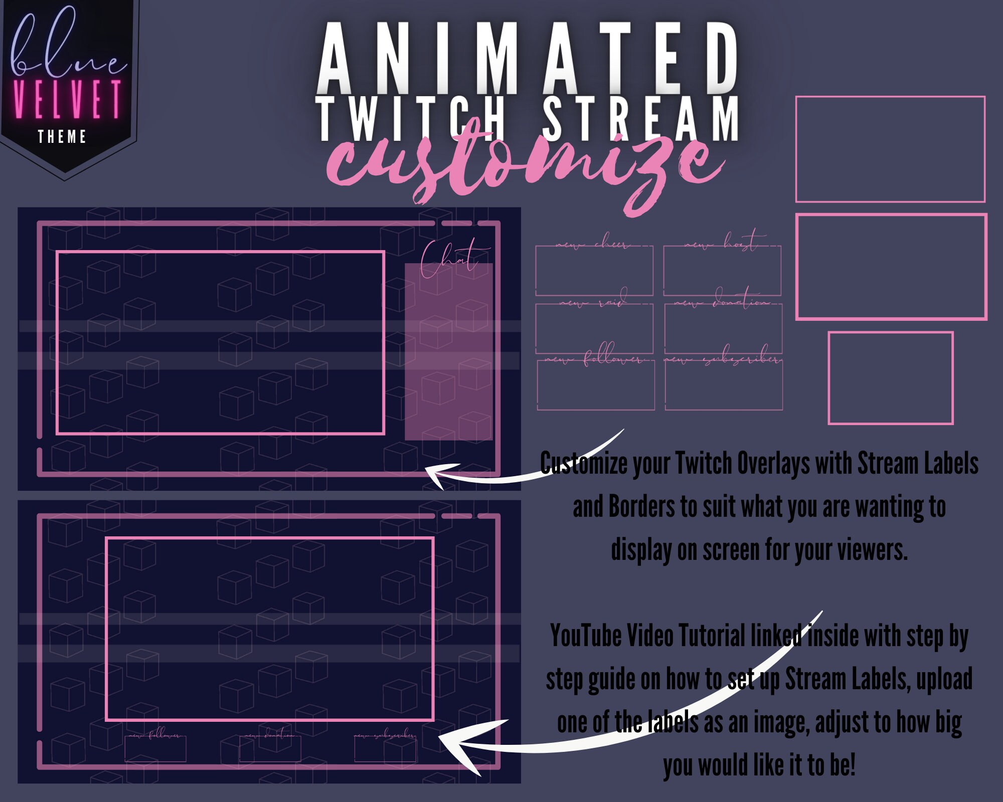 Blue Velvet Pink Animated Twitch Streaming Package Alerts - Etsy