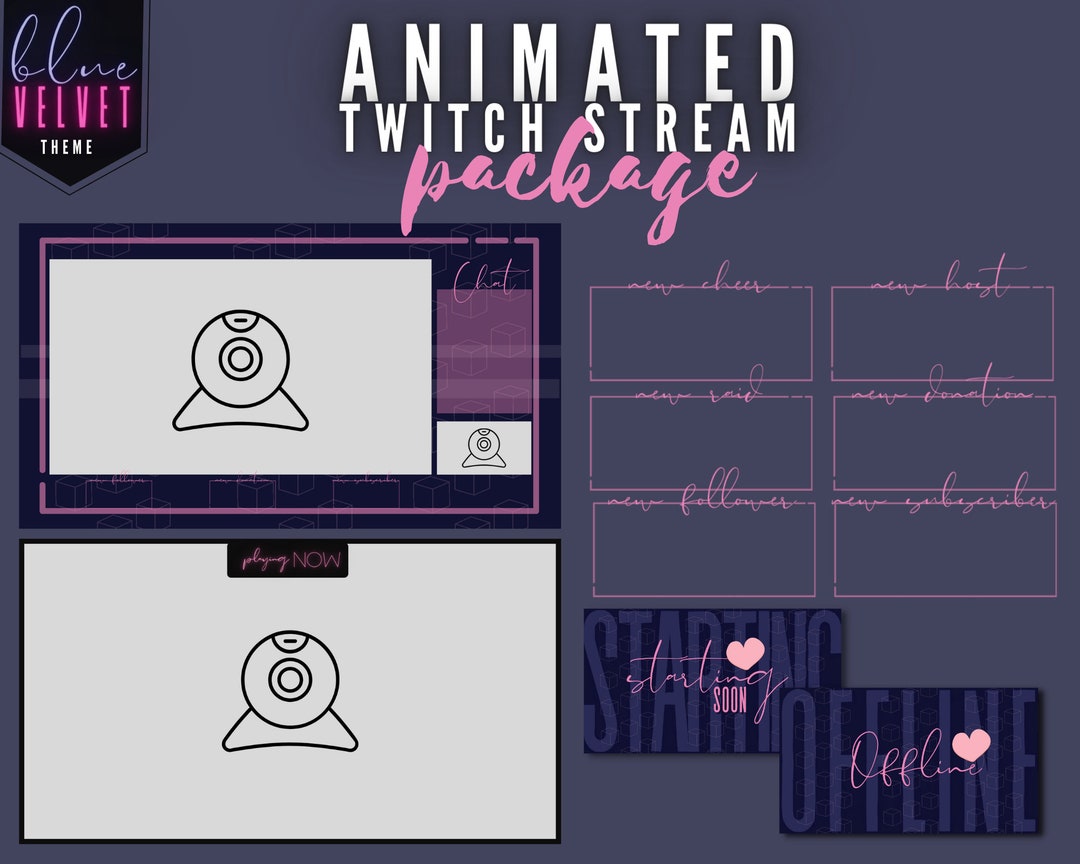 Blue Velvet Pink Animated Twitch Streaming Package - Alerts, Panels ...