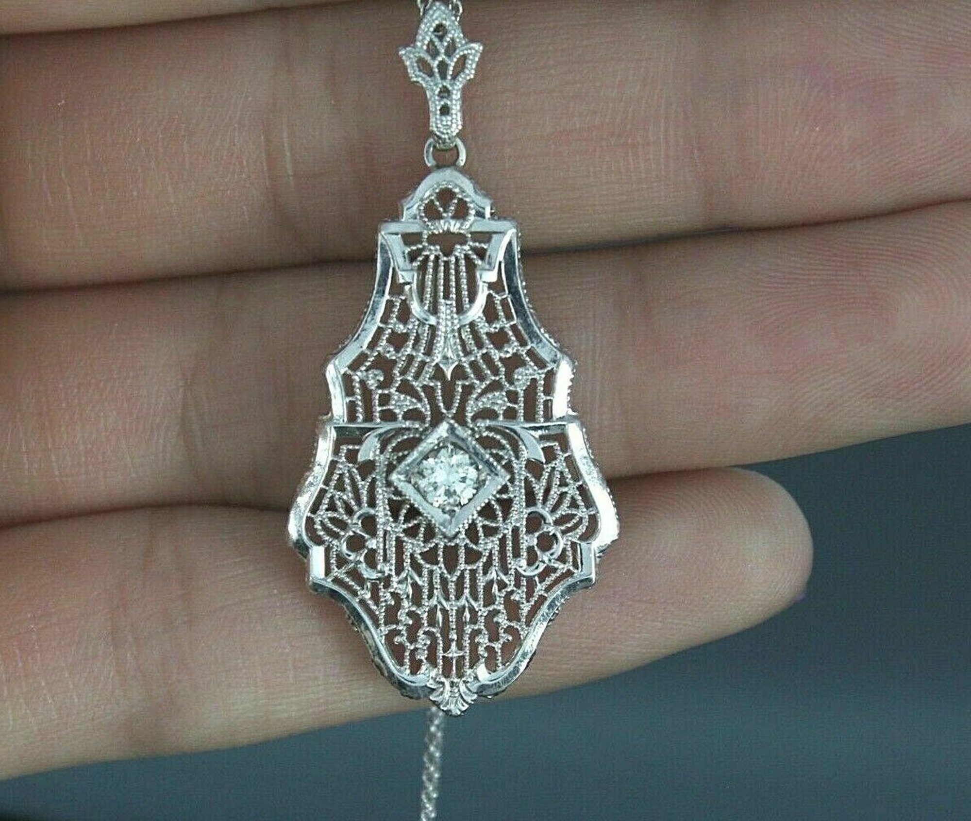 Women's Art Deco Filigree Style Pendant, 925 Silver Hip Hop Party Wear ...