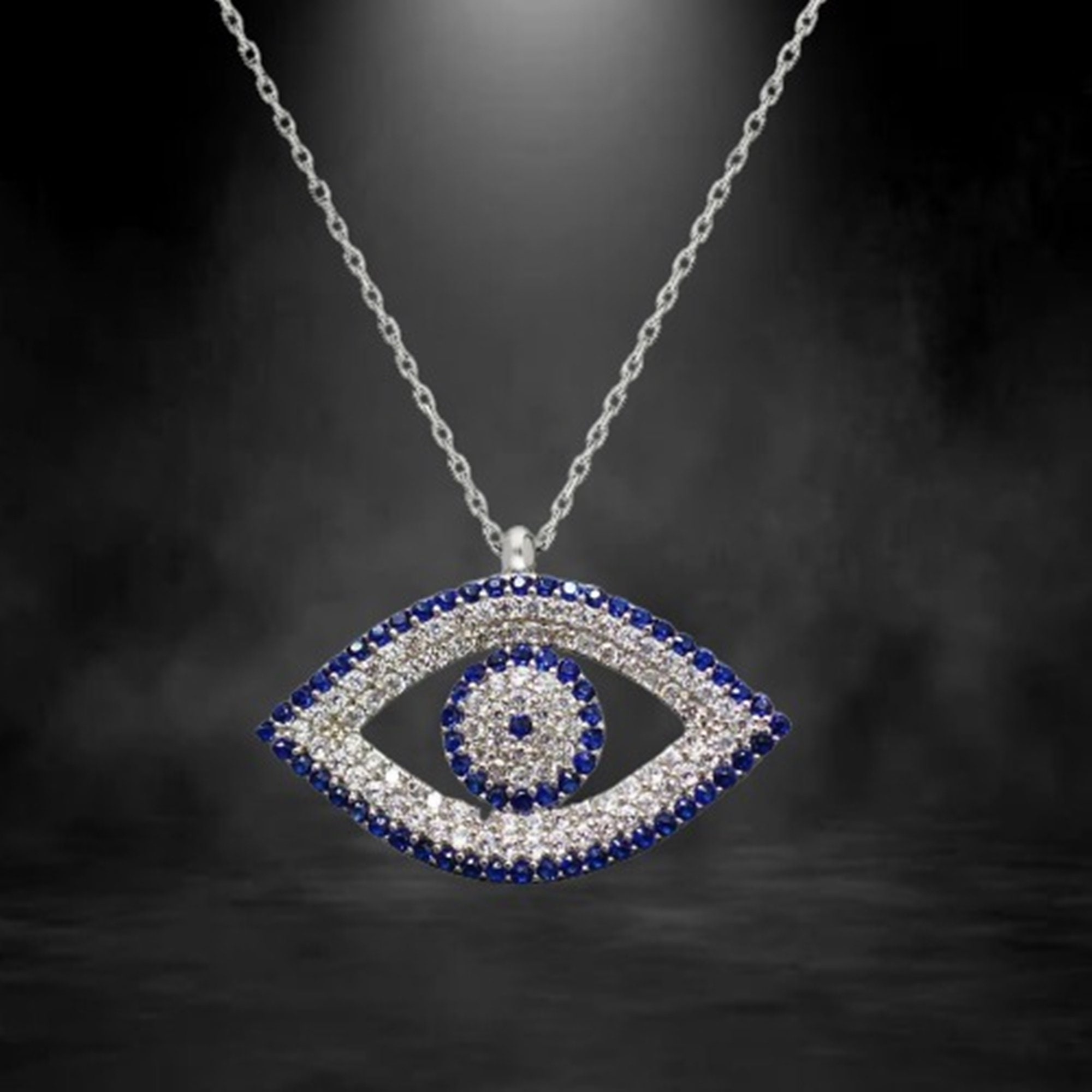 Unique evil Eye Inspired Pendant Necklace, Blue Sapphire & White Round ...