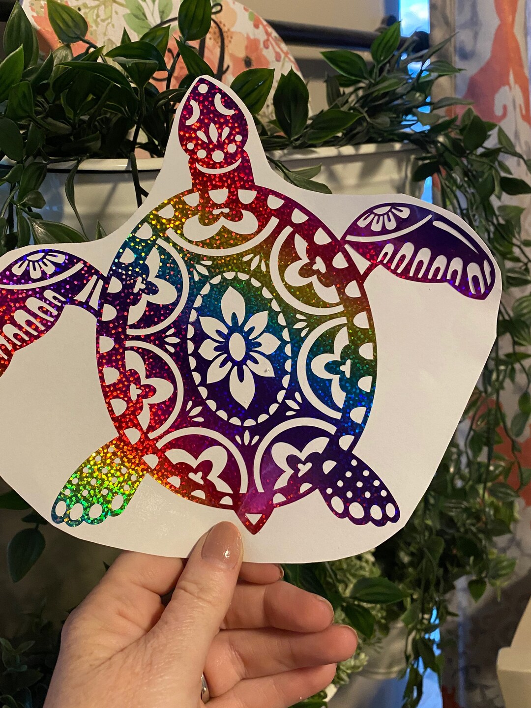 Rainbow Vinyl Sea Turtle Sticker, Holographic Mandala Decal, Laptop ...