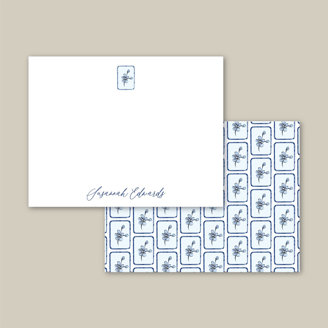 Personalized Mah Jongg Notecard, Mahjong Stationery Gift, Blue Flower ...