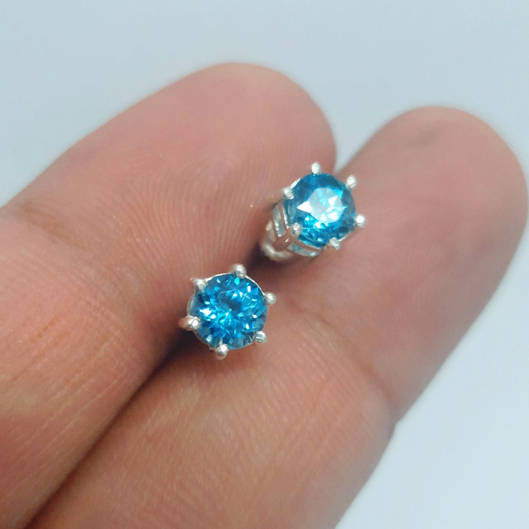 Genuine Blue Zircon Stud Earrings, Blue Color Natural Zircon Earring ...