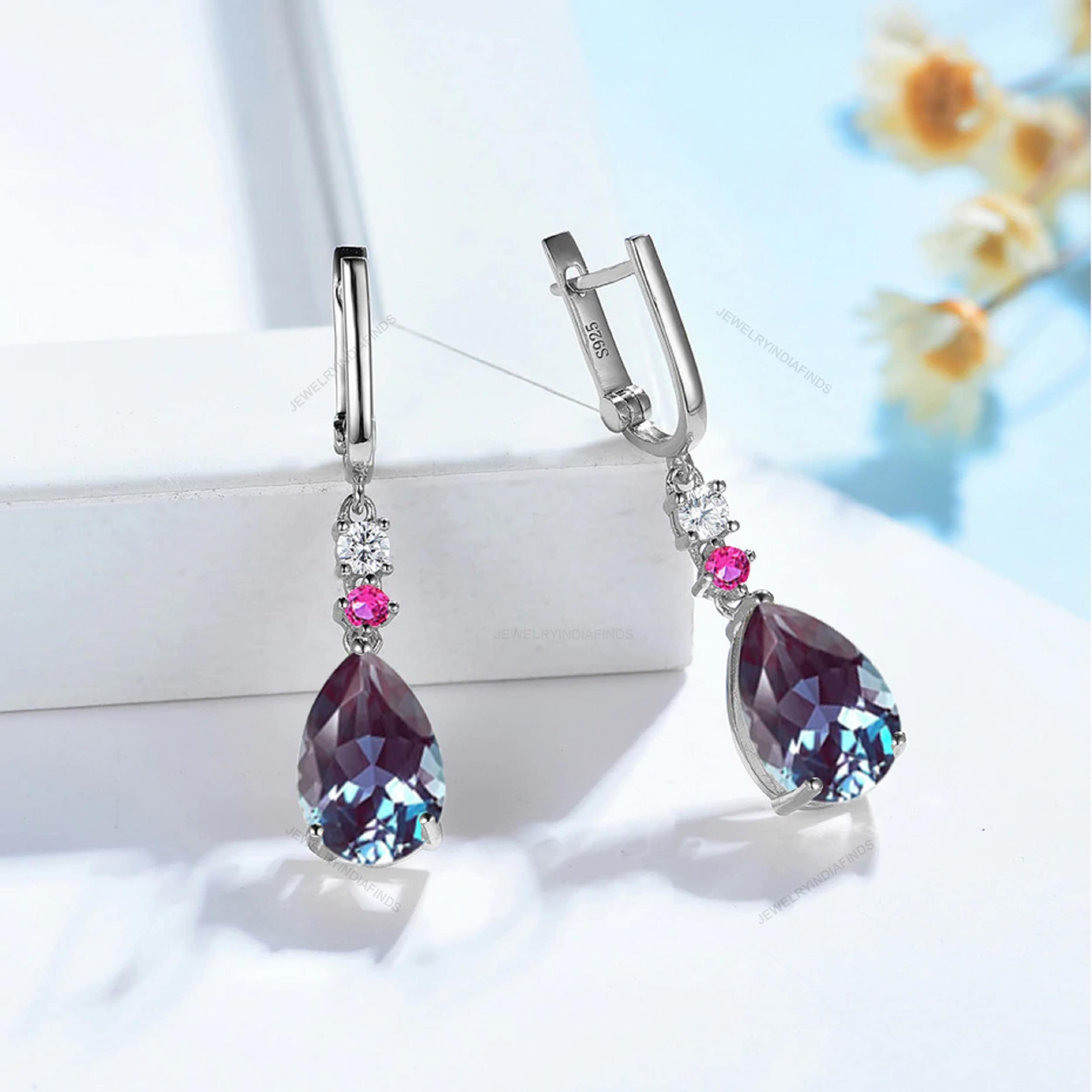 Alexandrite Pear Cut Drop Earrings: 925 Sterling Silver Leverback - Etsy