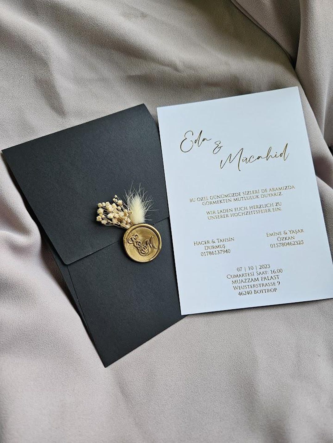 Luxury Wedding Invitation Set With Black Envelope & Gold Wax Seal ...