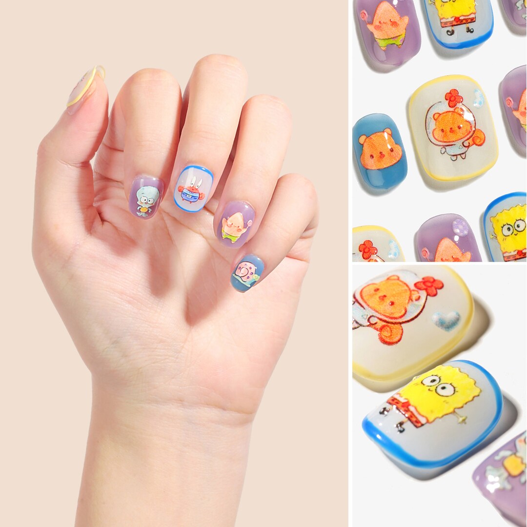 Sun&beam Nails Handmade Press-on Short Squoval Round Colourful Anime ...