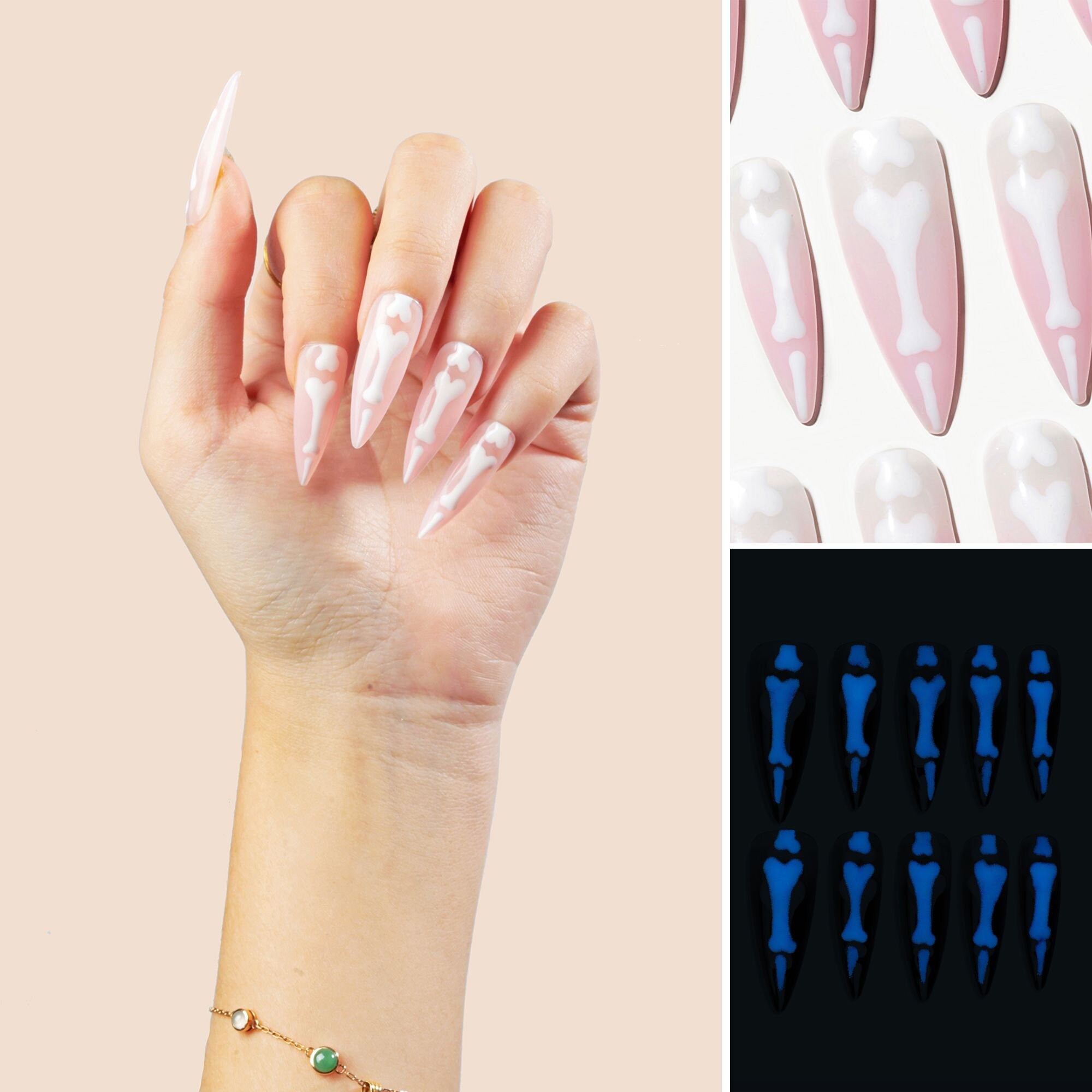 Sun&beam Nails Handmade Press-on Long Almond Stiletto Pink White ...