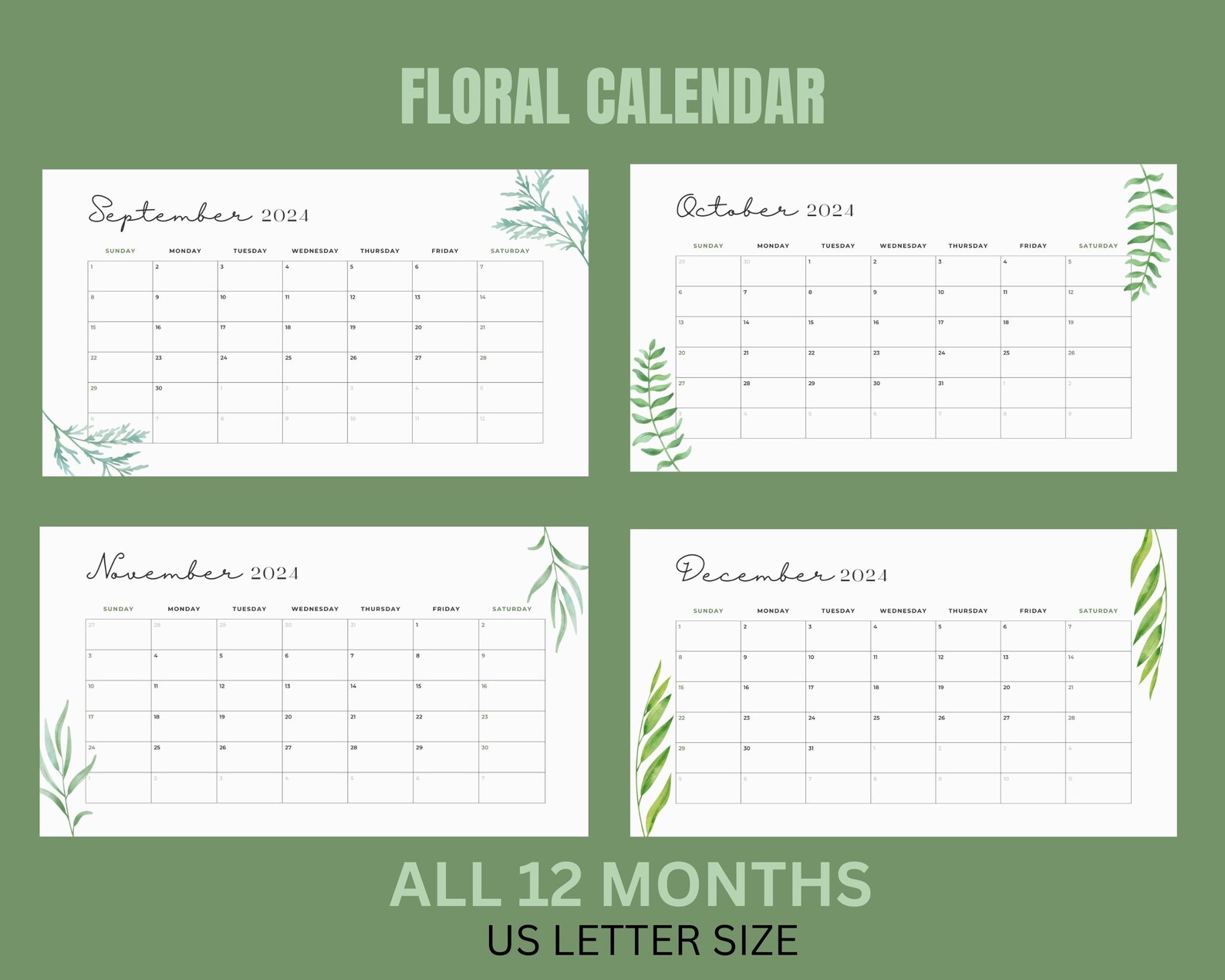 2024 Printable Calendar Floral Monthly Planner 2024 US Letter Size ...