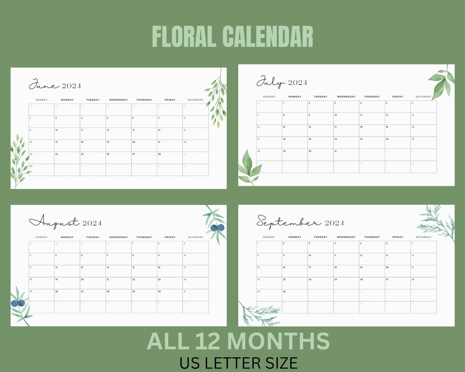2024 Printable Calendar Floral Monthly Planner 2024 US Letter Size ...