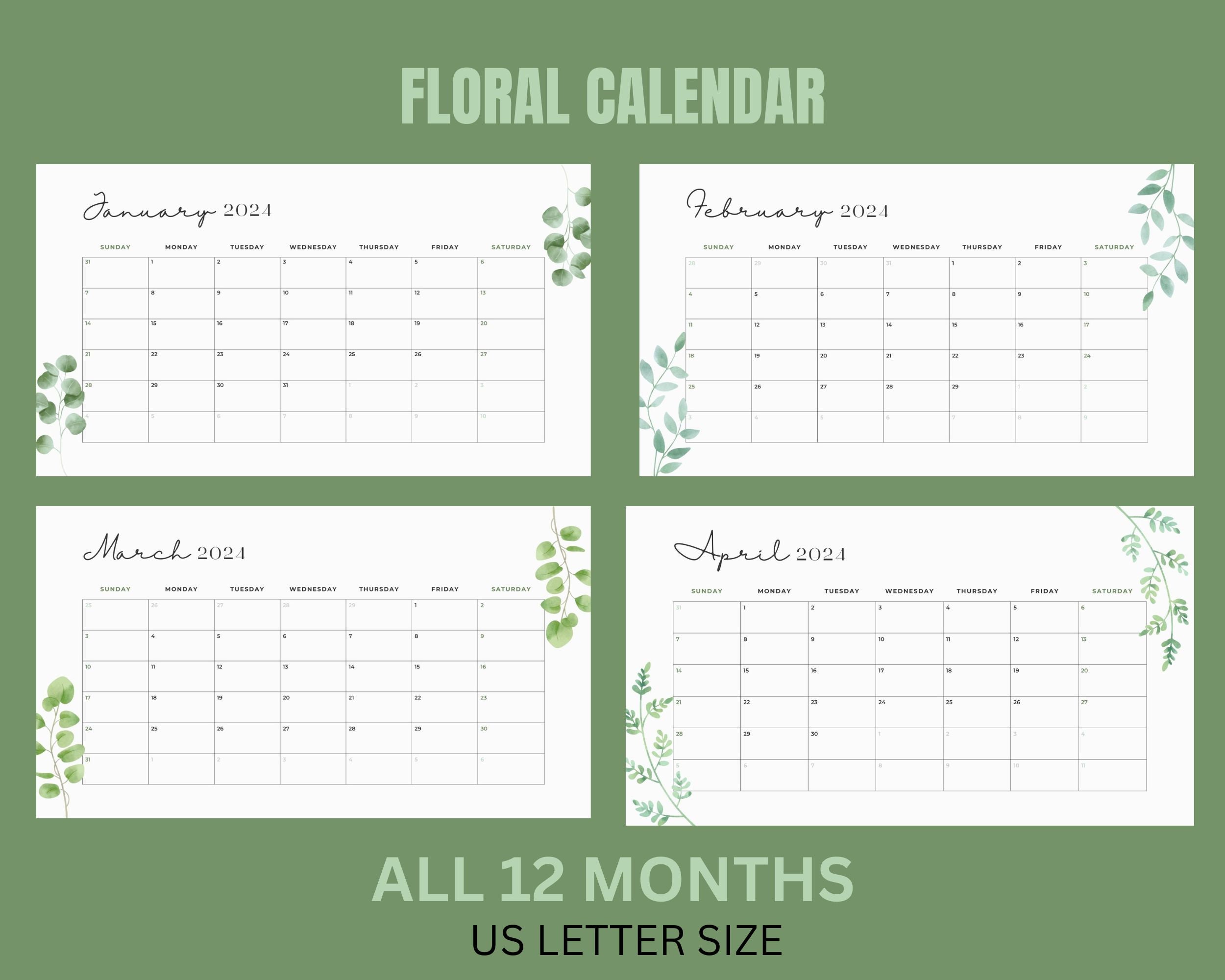2024 Printable Calendar Floral Monthly Planner 2024 US Letter Size ...