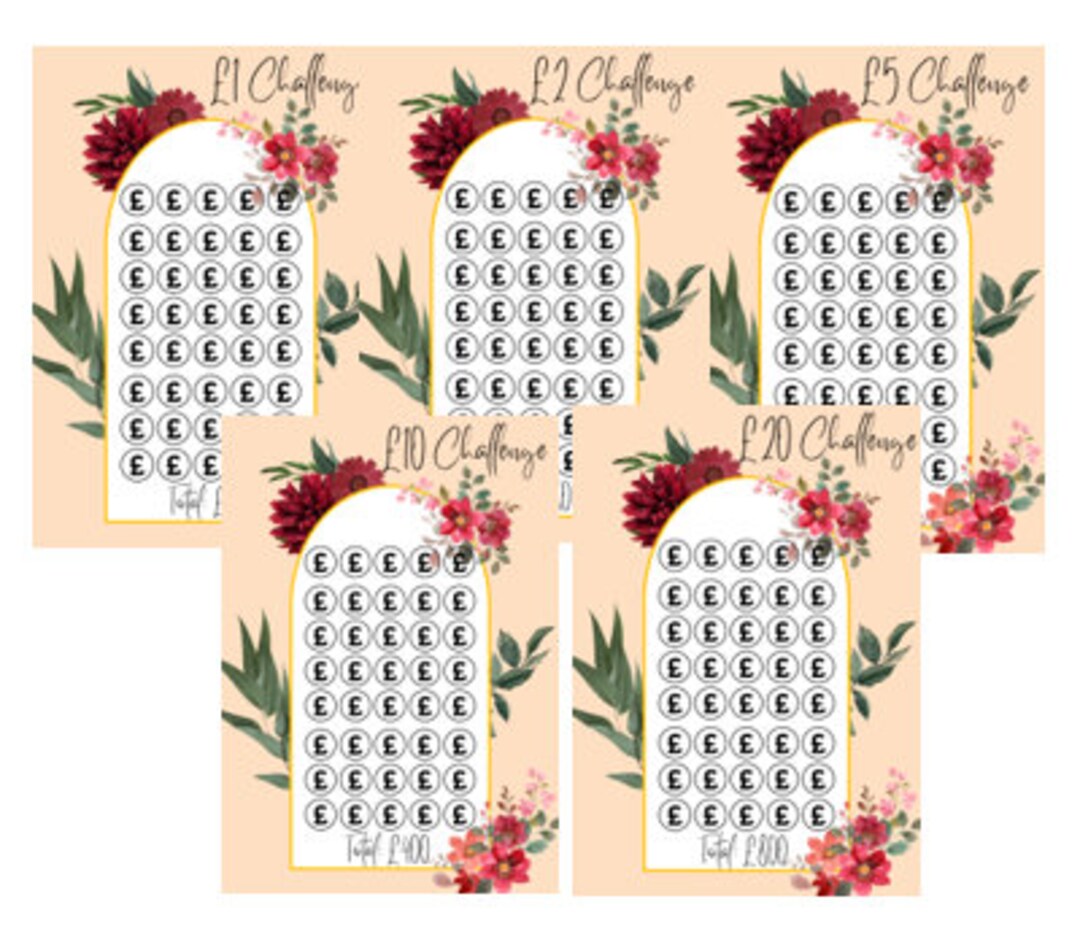 Red Floral Money Challenge / Savings Challenge / 1 Pound / 2 Pound / 5 ...