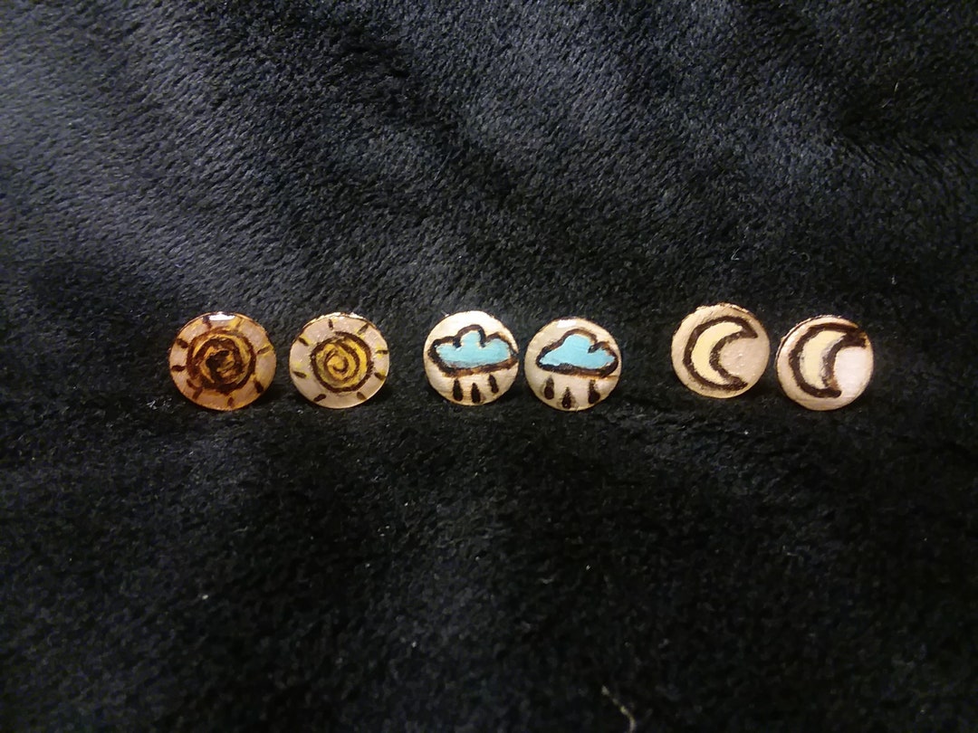 Nature Moon, Sun, and Moon Stud Earrings, Hand Pyrography on Wood - Etsy