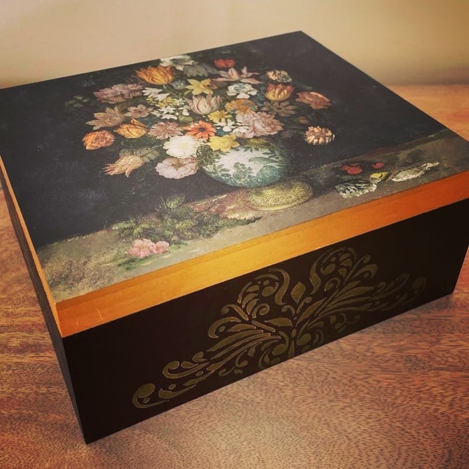 Handmade Tea Chest. Floral Black and Gold Tea Chest. 6 Compartment ...
