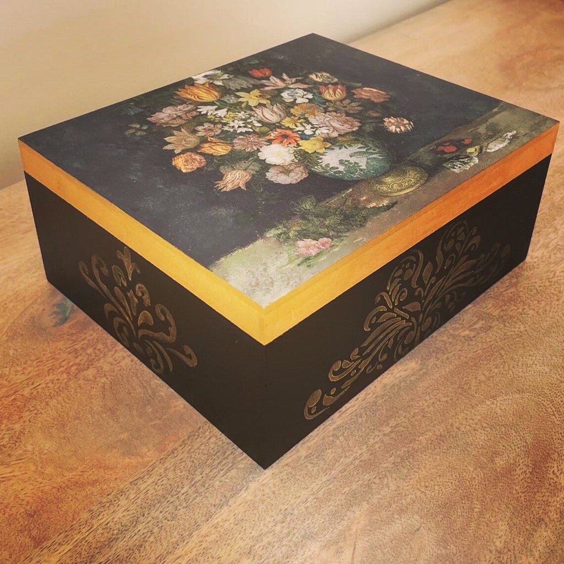 Handmade Tea Chest. Floral Black and Gold Tea Chest. 6 Compartment ...