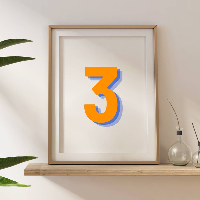 Retro 3d Number 3 Print, Monogram Three Print, Orange and Navy Number ...