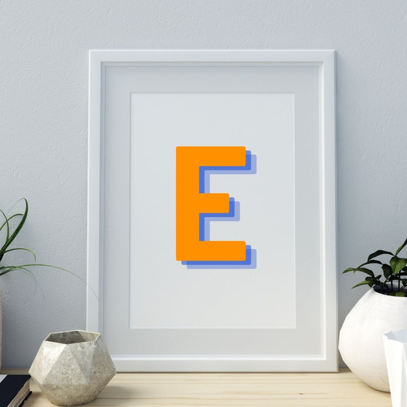 Retro 3d Letter E Print, Monogram Letter Print, Orange and Navy Letter ...