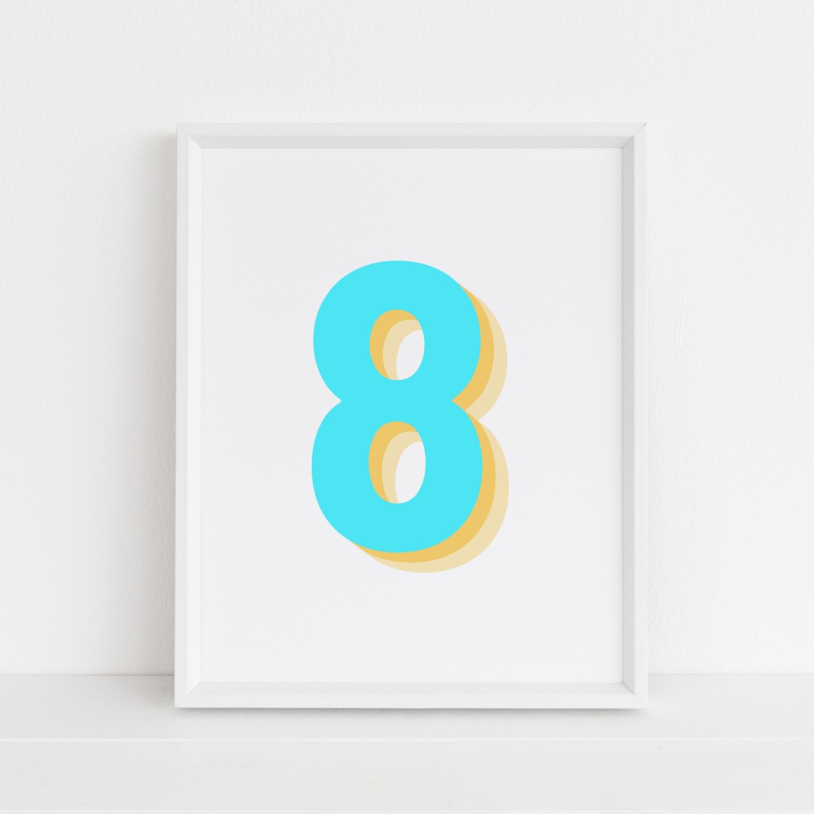 Retro 3d Neon Blue Number 8 Print, Monogram Number Eight Print, Blue ...