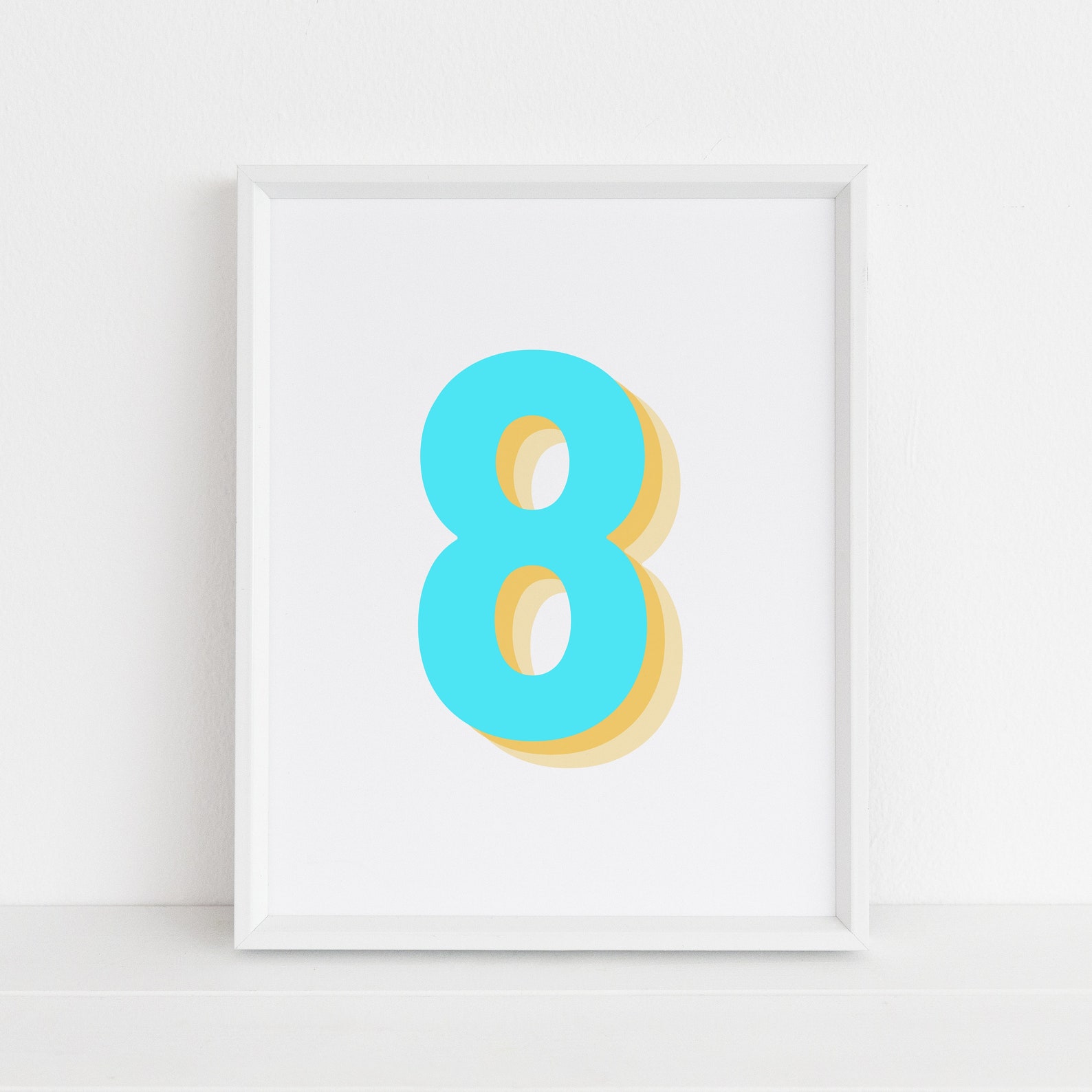 Retro 3d Neon Blue Number 8 Print, Monogram Number Eight Print, Blue ...