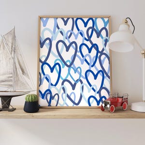 Trendy Preppy Blue Hearts Print, Blue Poster, Graffiti Hearts Wall Art ...