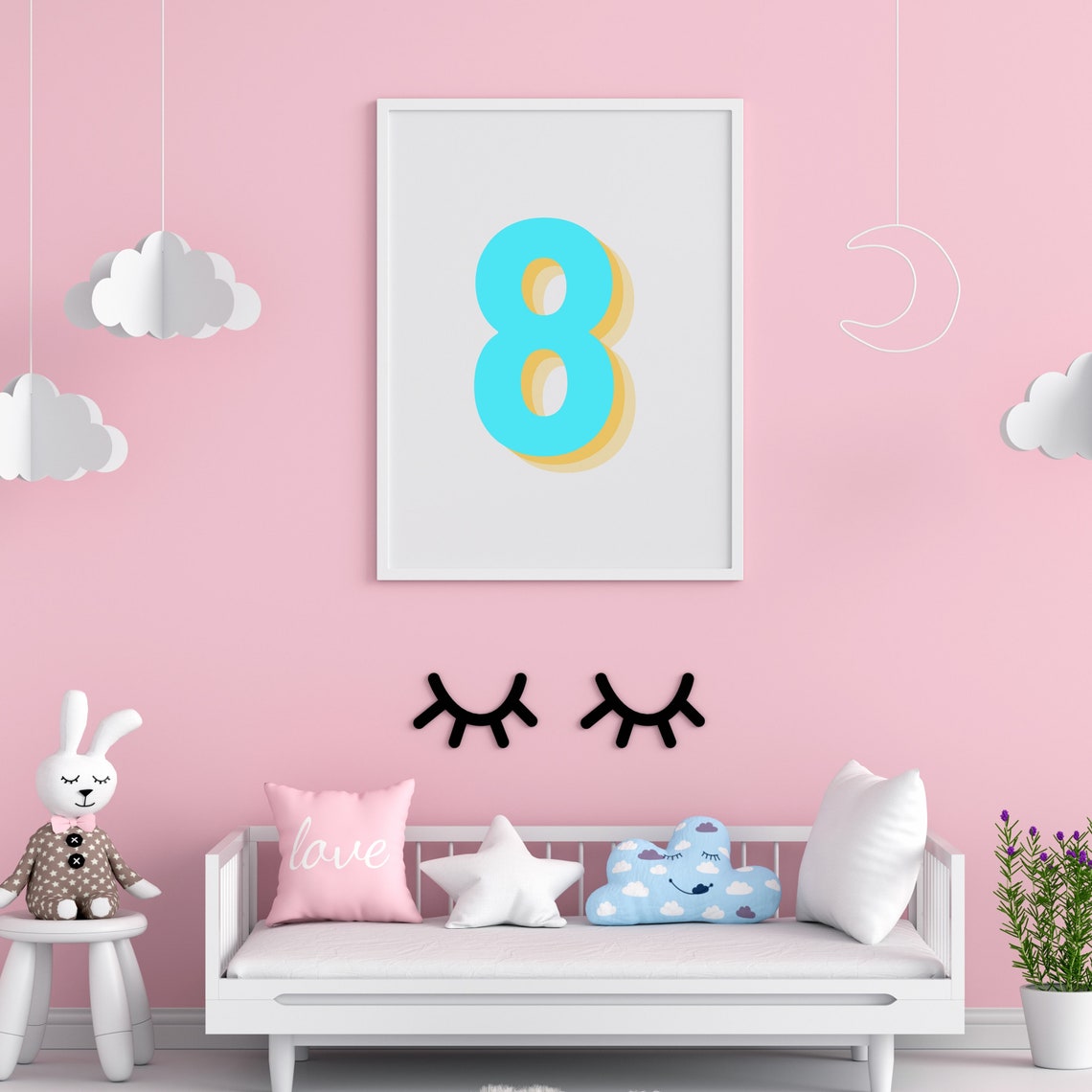 Retro 3d Neon Blue Number 8 Print, Monogram Number Eight Print, Blue ...