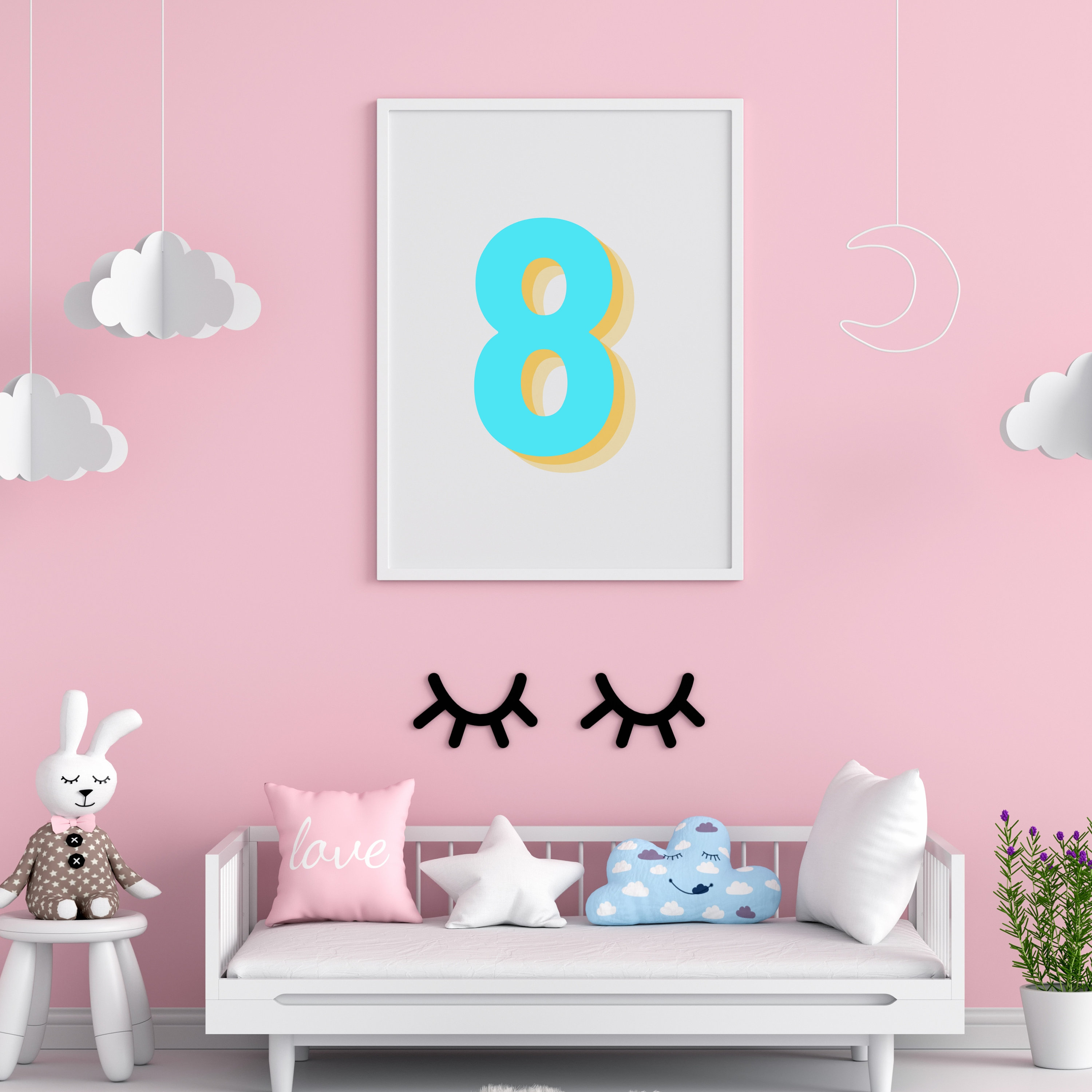 Retro 3d Neon Blue Number 8 Print, Monogram Number Eight Print, Blue ...