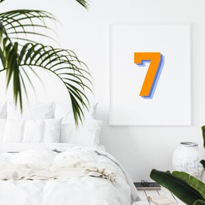 Retro 3d Number 7 Print, Monogram Seven Print, Orange and Navy Number ...