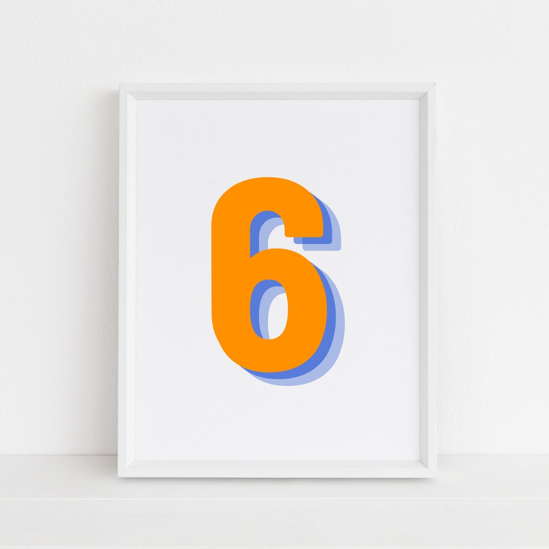 Retro 3d Number 6 Print, Monogram Six Print, Orange and Navy Number ...
