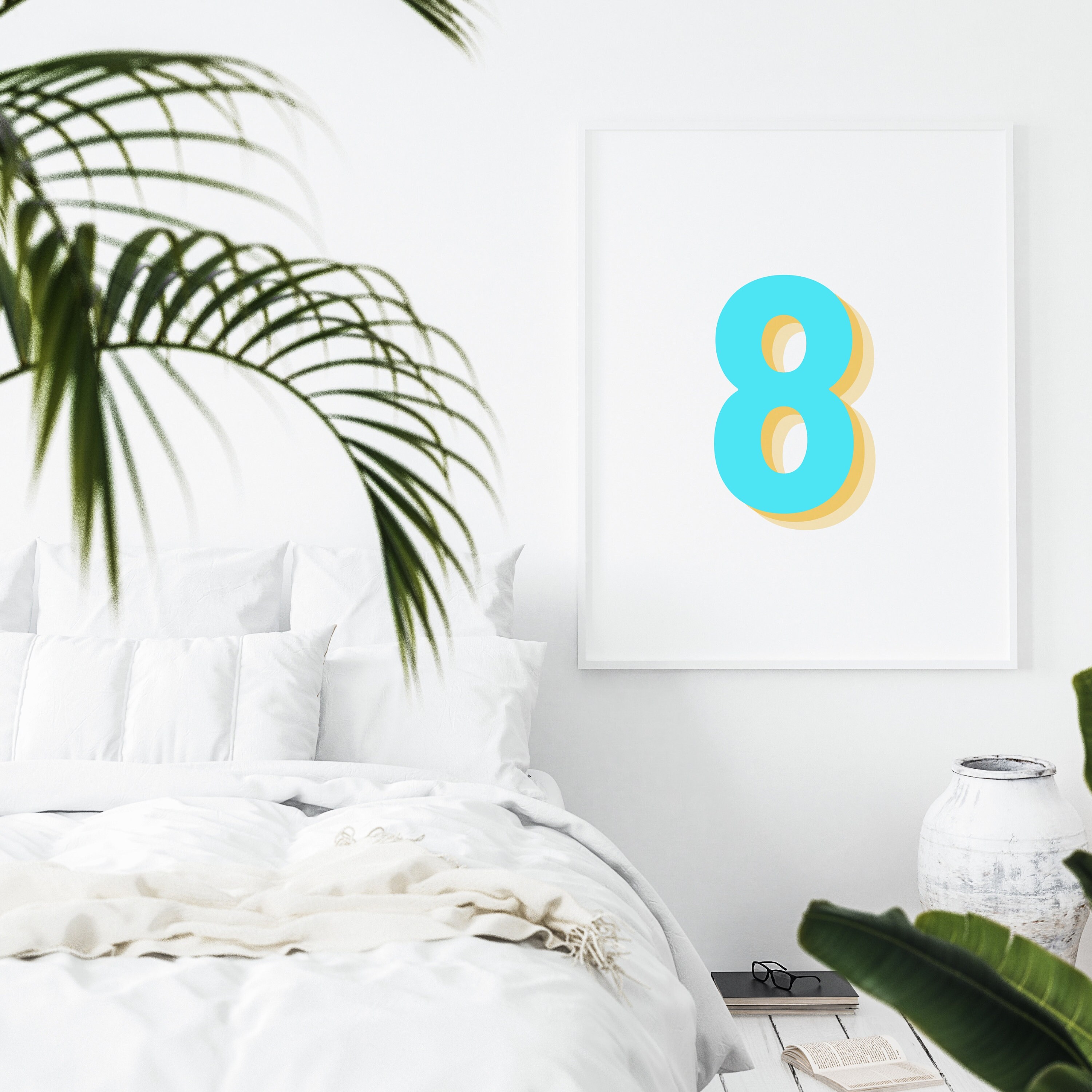 Retro 3d Neon Blue Number 8 Print, Monogram Number Eight Print, Blue ...