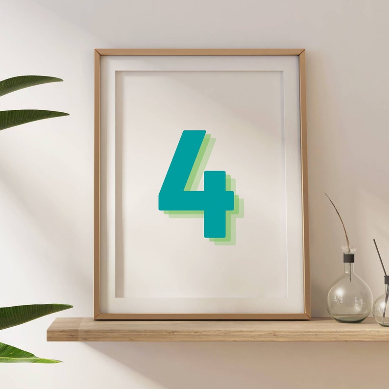 Retro 3d Green Number 4 Print, Monogram Number Four Print, Green Digit ...