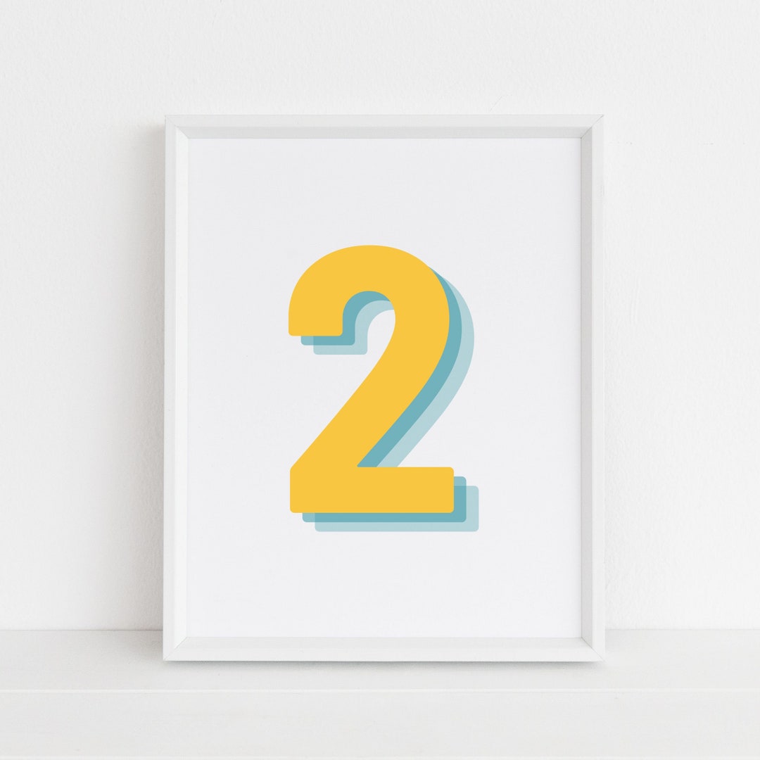 Retro 3d Yellow Number 2 Print, Monogram Number Two Print, Yellow Digit ...