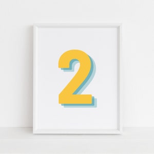 Retro 3d Yellow Number 2 Print, Monogram Number Two Print, Yellow Digit ...