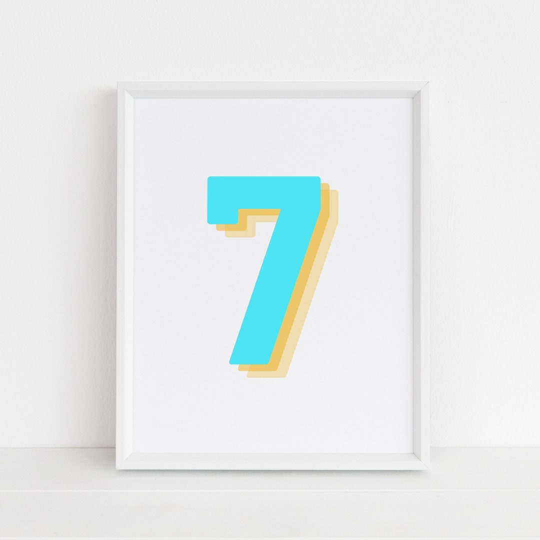 Retro 3d Neon Blue Number 7 Print, Monogram Number Seven Print, Blue ...