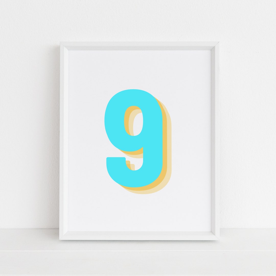 Retro 3d Neon Blue Number 9 Print, Monogram Number Nine Print, Blue ...