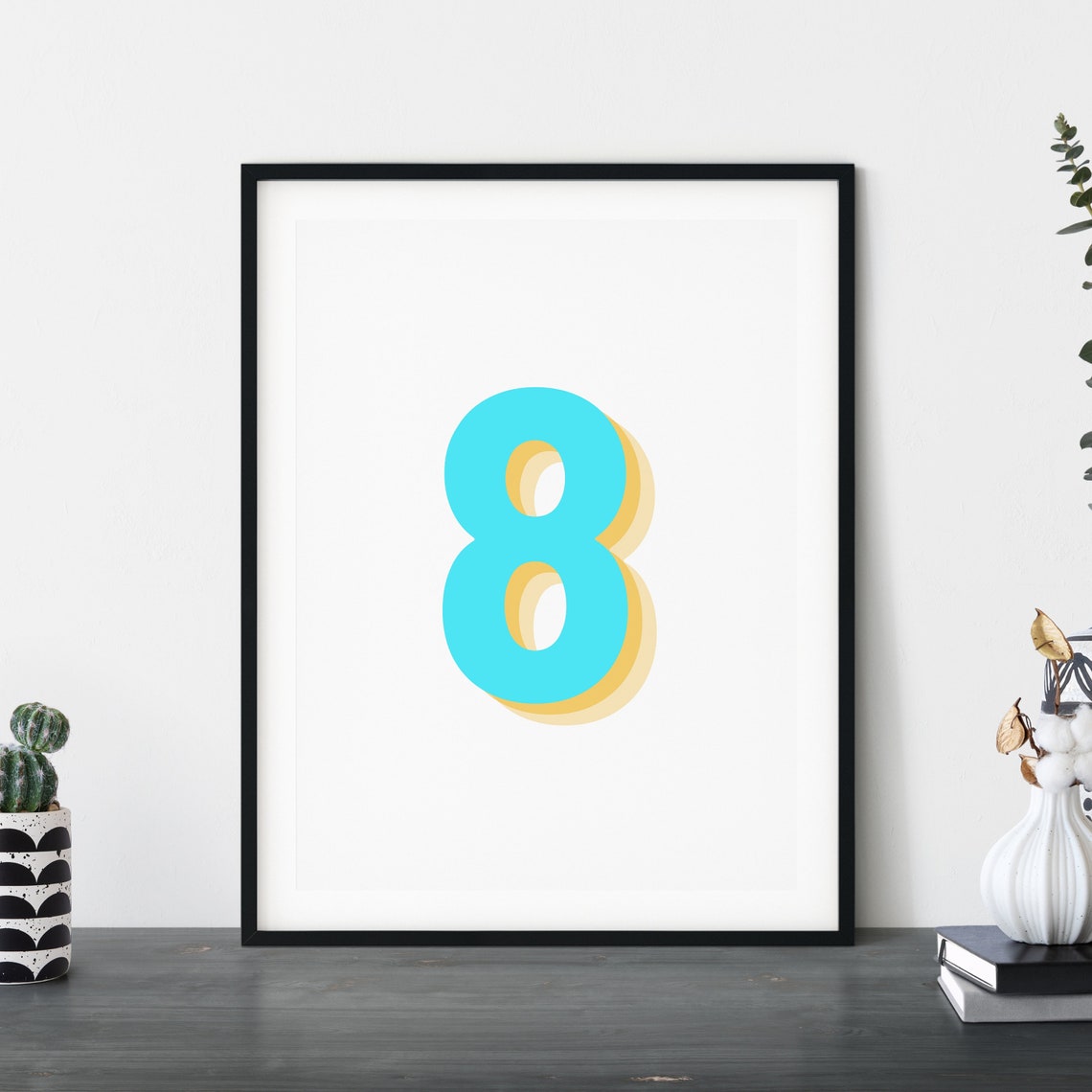Retro 3d Neon Blue Number 8 Print, Monogram Number Eight Print, Blue ...