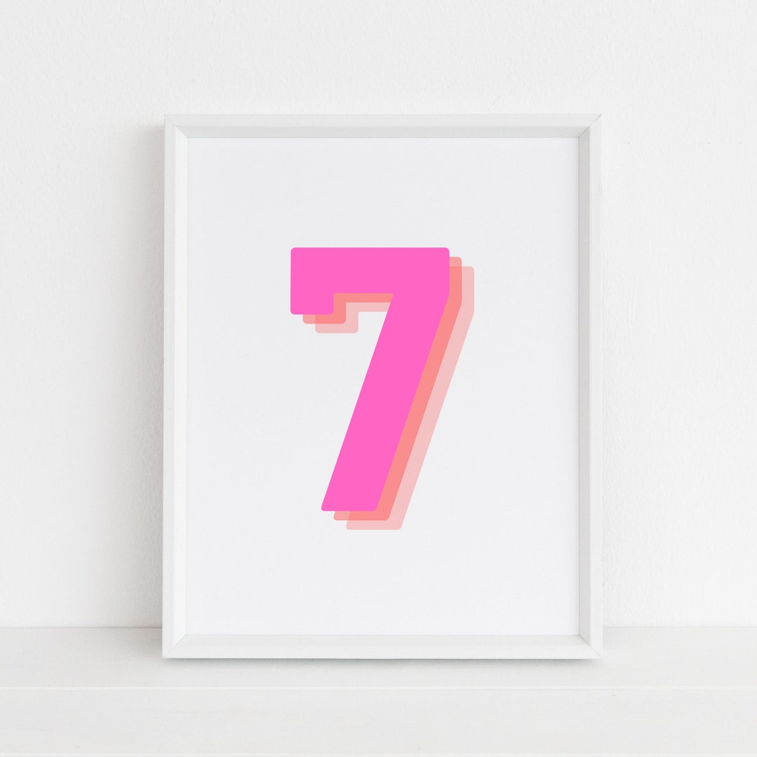 Retro 3d Number 7 Print, Monogram Number Seven Print, Pink and Orange ...
