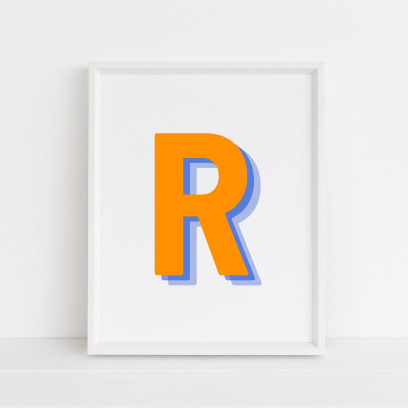 Retro 3d Letter R Print, Monogram Letter Print, Orange and Navy Letter ...