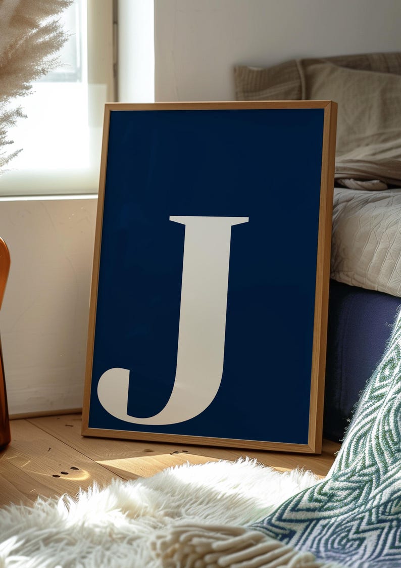 Letter J Poster, Navy Blue Wall Art, Preppy Room Decor, Navy Nursery ...